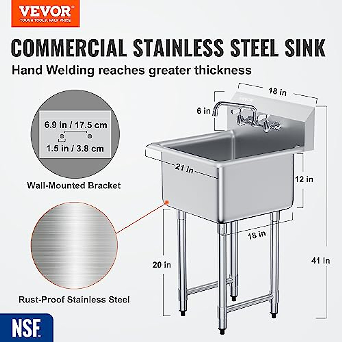 VEVOR Stainless Steel Prep & Utility Sink, 1 Compartment Free Standing Small Sink Include Faucet & legs, 21"x41" Commercial Single Bowl Sinks for Garage, Restaurant, Kitchen, Laundry, NSF Certified