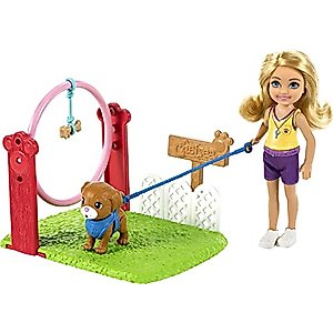 Barbie Chelsea Can Be Dog Trainer Playset with Blonde Chelsea Doll (6-in), Dog & Leash, Jumping Hoop, Obstacle Cones, Training Treats & More, Great Gift for Ages 3 Years Old & Up
