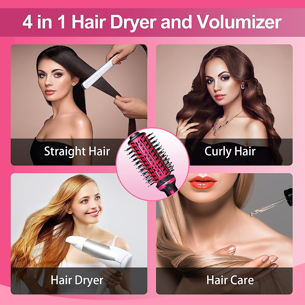 Ikedon Hair Dryer Brush, Pink, ALCI Safety Plug, Quick Drying, Volumizing, Ionic Care