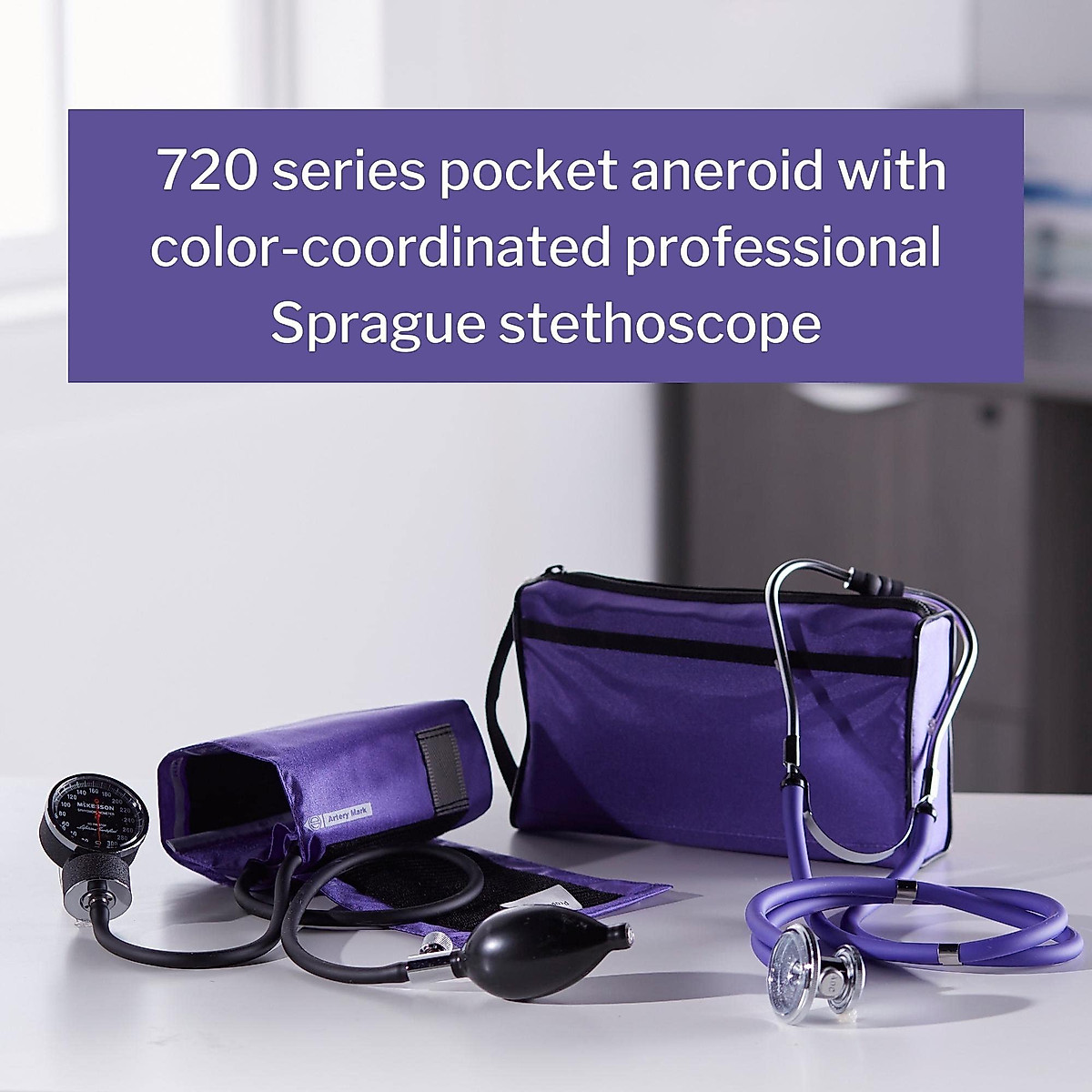 McKesson Aneroid Sphygmomanometer and Stethoscope Kit - Pocket Blood Pressure Gauge/Cuff, Sprague Rappaport Stethoscope, Purple - Size 11, 23-40 cm, 55 cm Tube, 1 Count