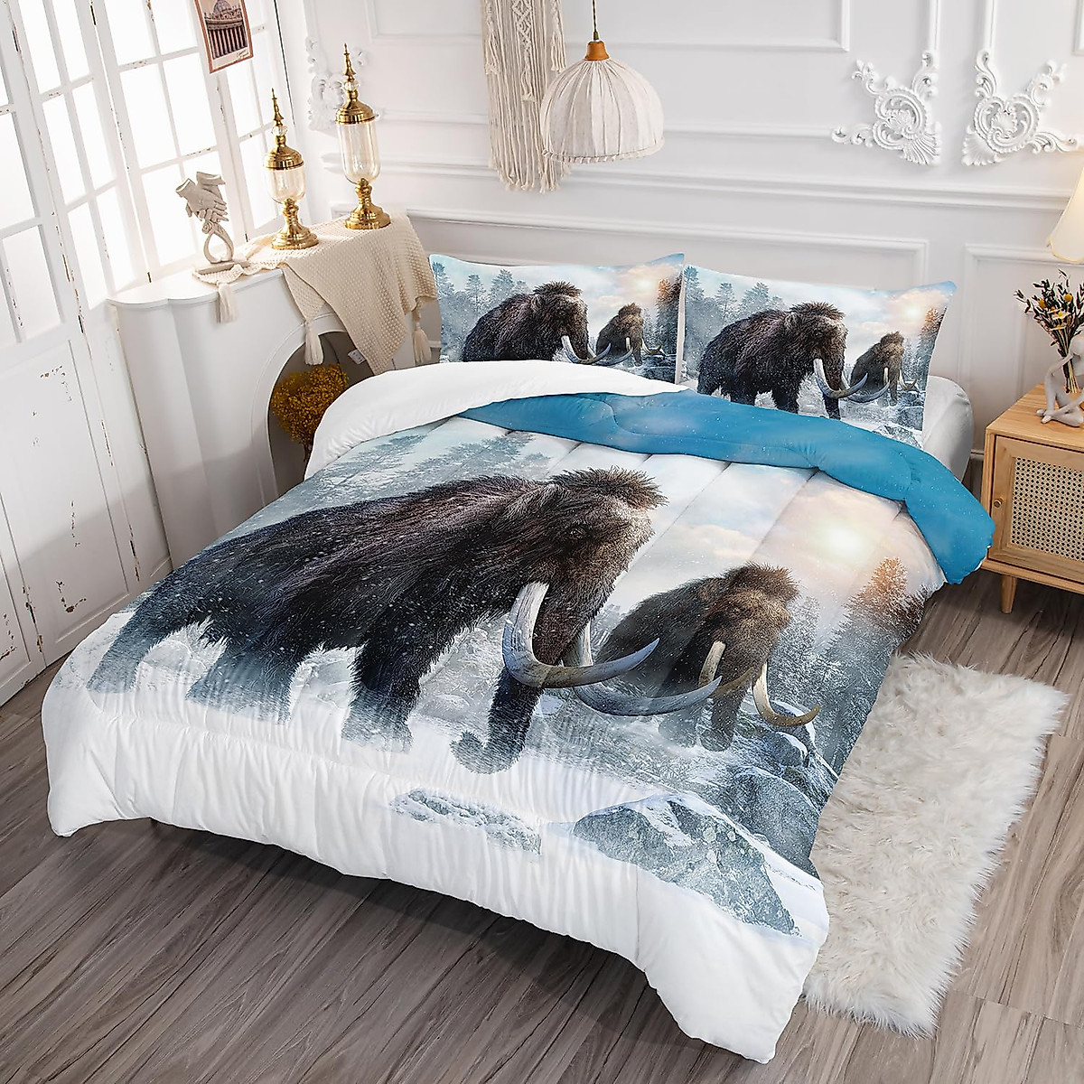 AILONEN 3D Mammoth Comforter Set Queen Size, Wild Animal Theme Bedding Set for Livingroom Decor,Glacial Mammoth Migration Duvet Set for All Ages,1 Quilt and 2 Pillowcases,3-Piece