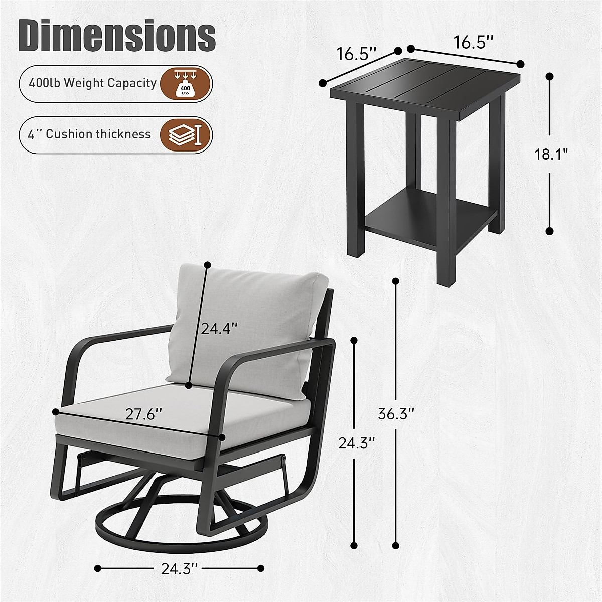 Patio Chairs Swivel Rocker Sets: 3Sets Aluminum Alloy Ensemble with 360° Swivel Rocking Chairs, Rust-Resistant Frame Cushions -Perfect for Backyard, Deck, Porch, and Balcony Decoration(2seat+1table)