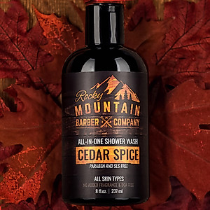 Rocky Mountain Barber Company Cedar Spice All-In-One Body Wash – Shampoo, Body Wash, Conditioner, Face Wash & Beard Wash with Essential Oils - 8 oz
