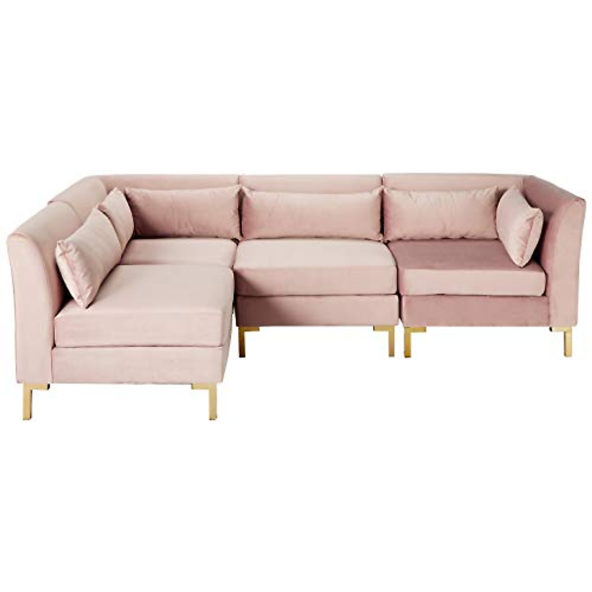 Iconic Home Girardi Modular Chaise Sectional Sofa Velvet Upholstered Solid Gold Tone Metal Y-Leg with 6 Throw Pillows Modern Contemporary, Blush