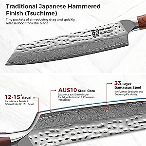 KEEMAKE Chef Knife 8 inch, Kiritsuke knife with Hammered Damascus Steel Blade Kitchen Knife, Japanese Gyutou knife with Pakkawood Handle Chopping Knife, Meat Cutting Knife With Walnut Sheath