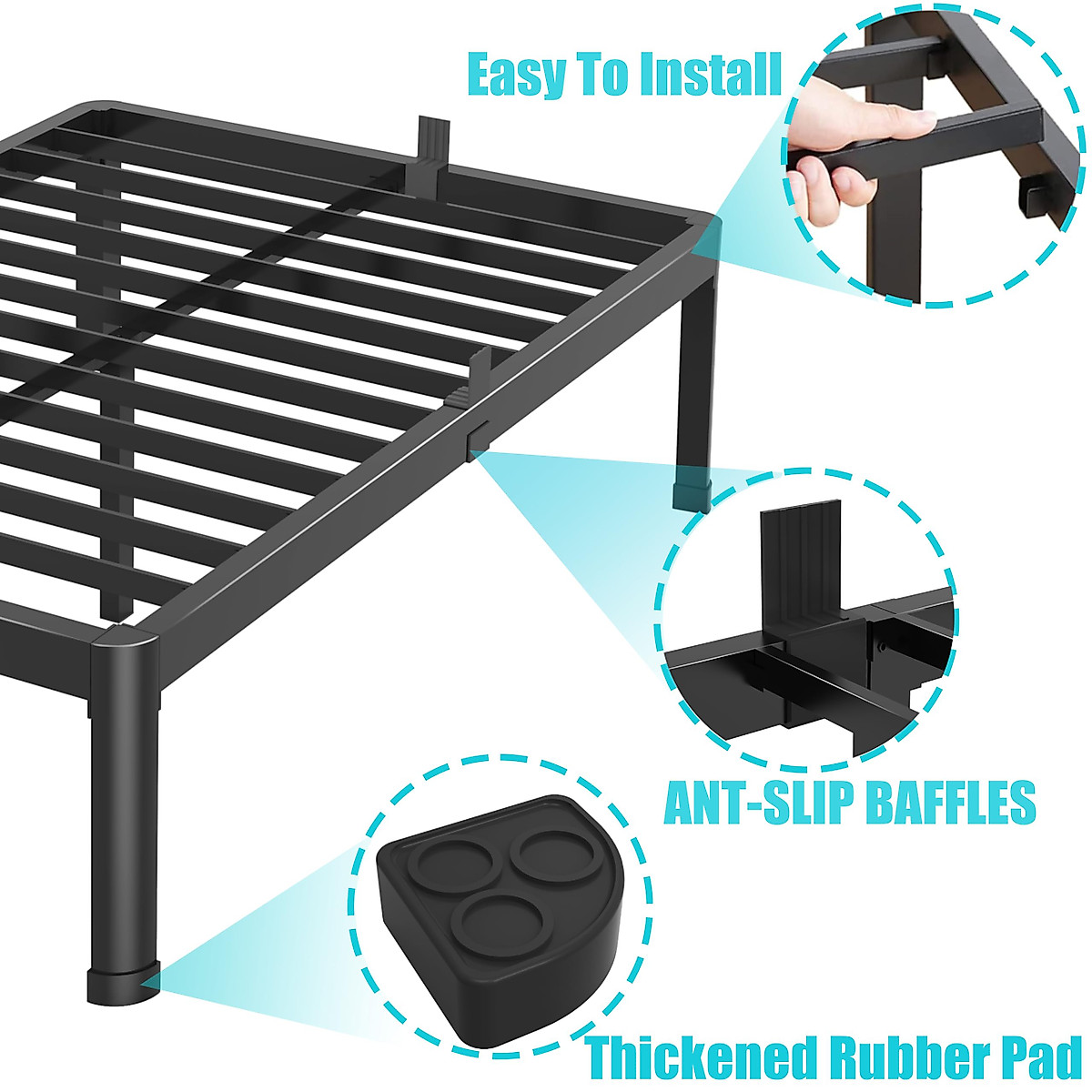 Firpeesy 18 Inch Full Size Bed Frame Metal with Sturdy Steel Round Corner Leg, 3500 lbs Heavy Duty Metal Full Platform Bed with Steel Slats Support，Black Full Bedframe，No Box Spring Needed