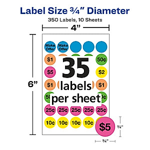Avery Preprinted Removable Garage Sale Labels, 0.75 Inches, Round, Pack of 350 (5480),Assorted Neon