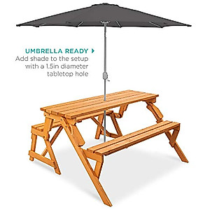 Best Choice Products 2-in-1 Transforming Interchangeable Outdoor Wooden Picnic Table Garden Bench for Backyard, Porch, Patio, Deck w/Umbrella Hole - Natural
