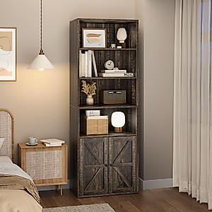 GAOMON Bookcase with Doors Farmhouse Bookshelf 11.8in Depth Wooden Display Storage Shelves 71.4in Tall Bookcases Industrial 6 Shelf Grey Bookshelves for Bedroom, Living Room, Home Office