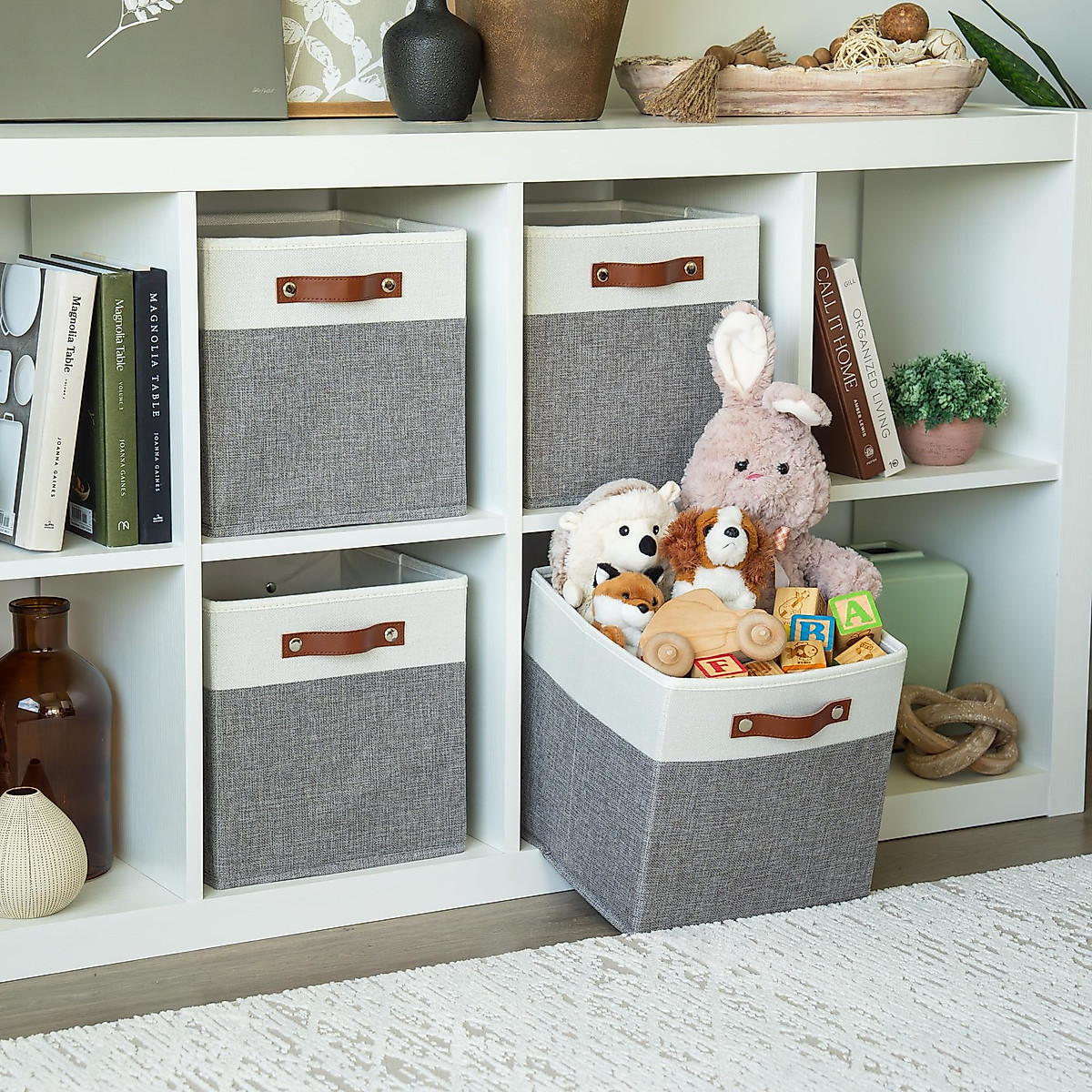 OrganiHaus 11 Inch Cube Storage Bin set of 4, Fabric Storage Bins, Cube Storage Organizer Bins, Cubby Bins w/ Vegan Handles, Kallax Organizer Storage Cube Basket, Square Storage Cubes - Grey/White