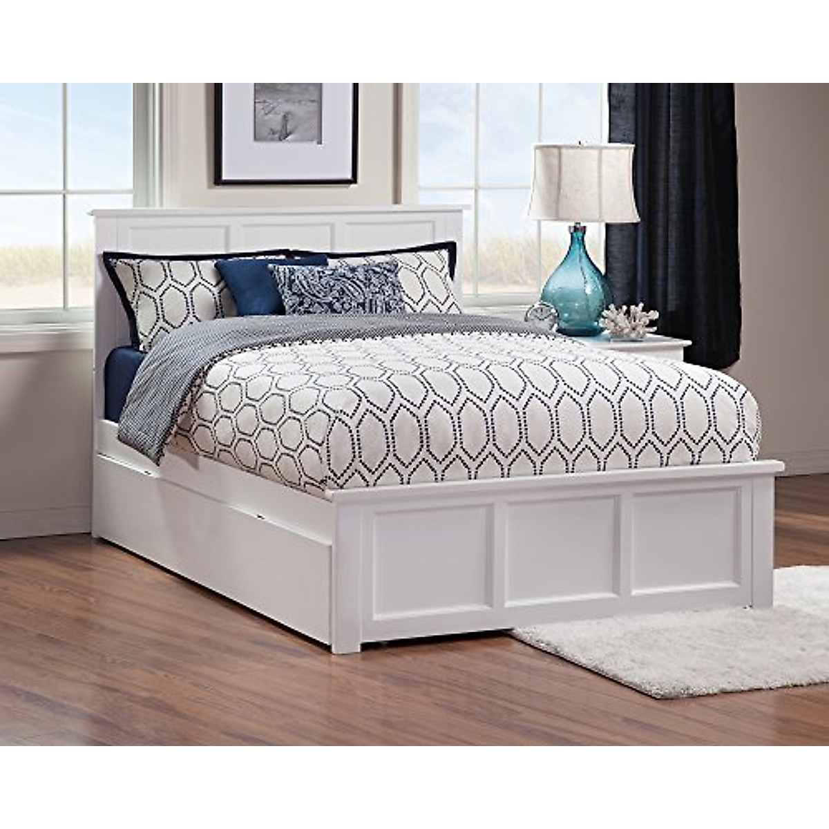 AFI Madison Queen Platform Bed with Matching Footboard and Turbo Charger with Twin Extra Long Trundle in White