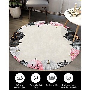 Halloween Fluffy Round Area Rug Carpets 3ft, Plush Shaggy Carpet Soft Circular Rugs, Non-Slip Fuzzy Accent Floor Mat for Living Room Bedroom Nursery Home Decor Pink Black Horror Pumpkin Plaid Dot
