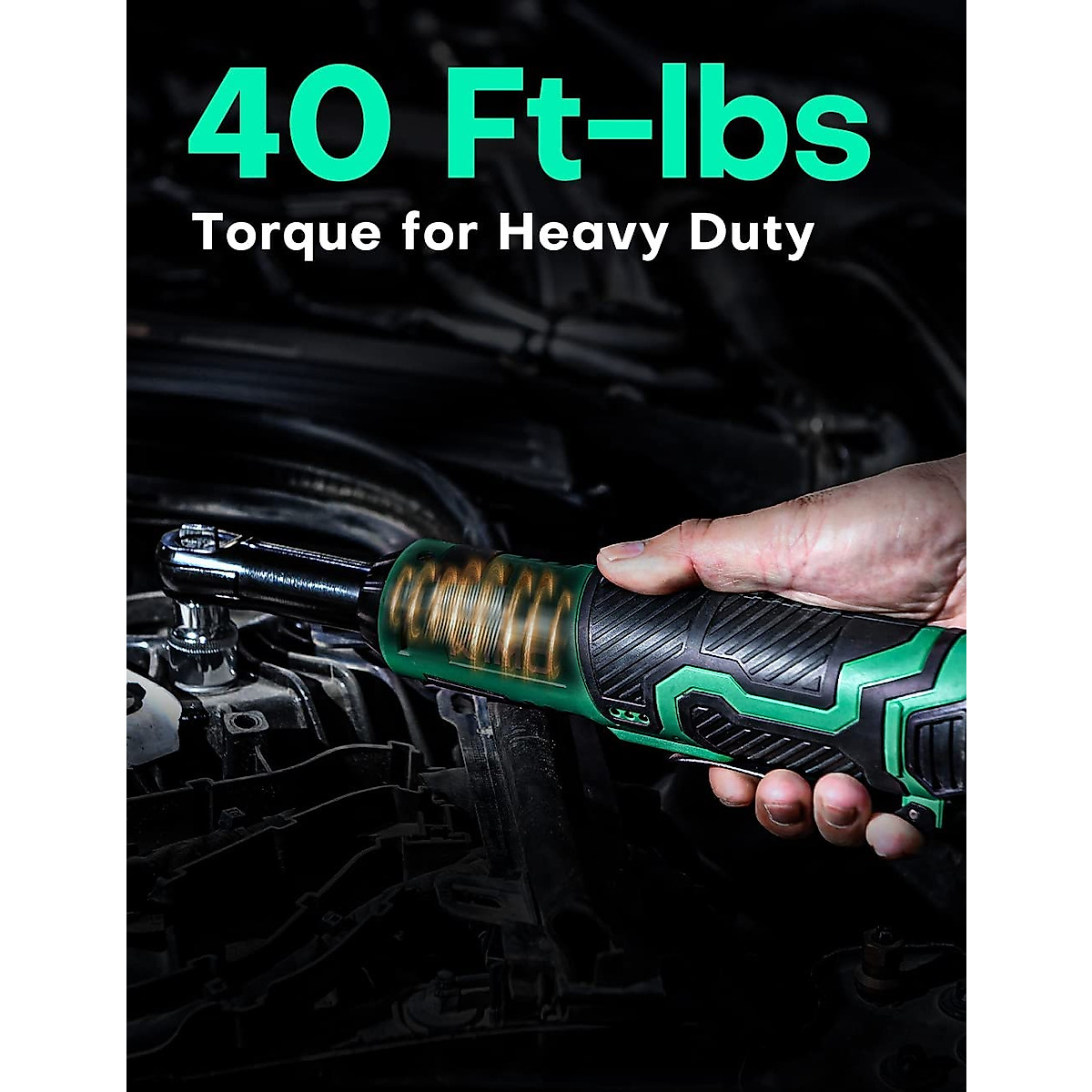 KIMO 3/8" Extended Electric Ratchet Wrench Set, 40 Ft-Lbs 400 Rpm 12V Cordless Wrench w/ 2-Pack 2.0 Ah Batteries, 1 Hour Fast Charger & 8 Sockets, Power Ratchet w/Variable Speed & LED Light