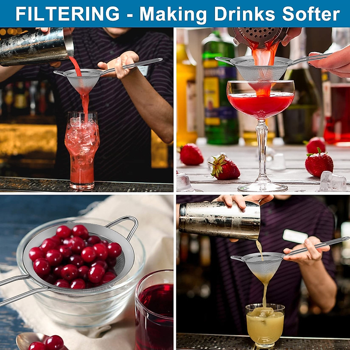 Fine Mesh Strainer Set of 2, P&P CHEF 3.3” Stainless Steel Conical Sieve Tea Strainer with Long Handle for Kitchen, Filtering Tea, Coffee, Cocktail, Juice, Healthy & Dishwasher Safe, (Silver)