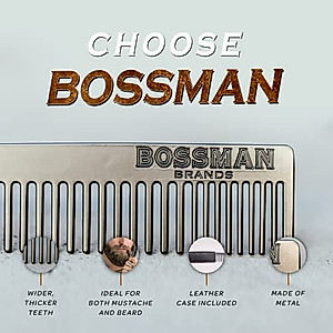 Bossman Metal Comb for Men - Hair and Beard Comb - Accessories for Men's Mustache, Beard and Hair Care with Leather Pocket Case (Black)