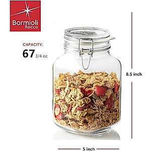 Bormioli Rocco Fido Wide Mouth Squared Glass Jar with Airtight Gasket Clamp Lid for Canning and Food Storage, 67.75 oz, Clear Top