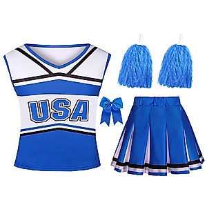 KAKALVER Cheerleader Costume for Girls Cheerleader Outfit with Pom Poms for Halloween Sports Cheerleader Gifts