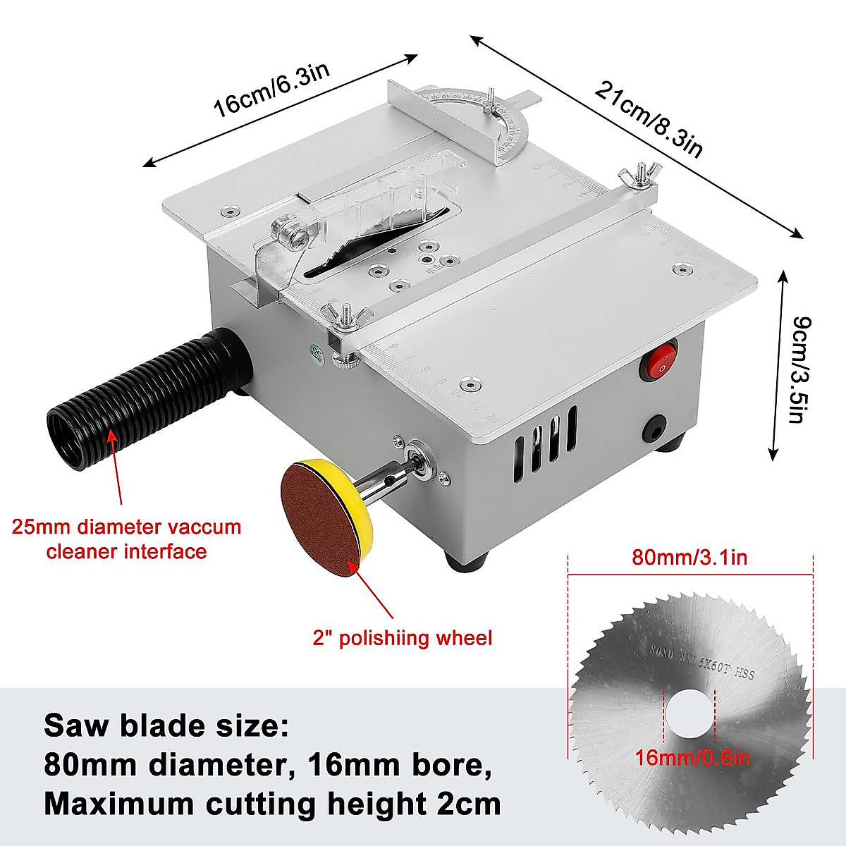 Mini Table Saw with Belt Grinder, 240W 7-Speed Power Supply Adjustable Table Saw Portable Precision Table Saw with 4-Blades and Safety Flap, 0.1-20mm Saw Blade Height Adjustable, Aluminum