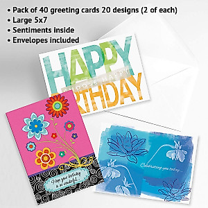 Mega Birthday Greeting Cards Value Pack - Set of 40 (20 designs), Large 5" x 7", Birthday Cards with Sentiments Inside, White Envelopes