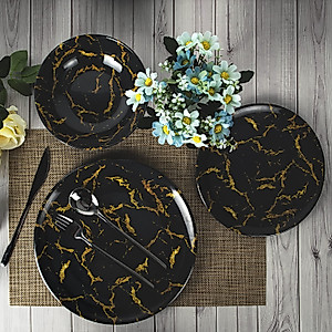 Melamine Dinnerware Sets - 12 pcs Melamine Plates Indoor and Outdoor use Black Marble Plates and Bowls Dinnerware Sets Camping Dish Set for 4 Dishwasher Safe(Sahara Gold)