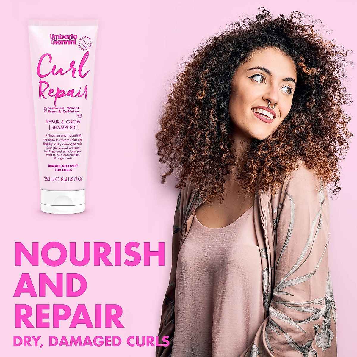 Umberto Giannini Curl Repair Shampoo, Vegan & Cruelty Free Repair & Growth Formula with Seaweed, Wheat Bran & Caffeine, 250 ml