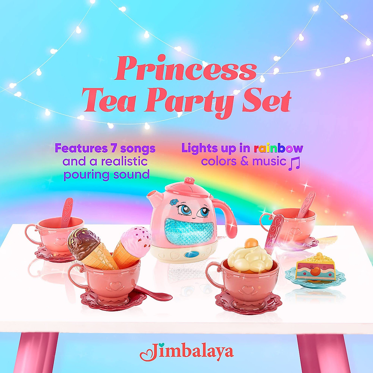 Jimbalaya Tea Party Set for Little Girls, Musical Mozartz Rainbow Colours Teapot with Songs & Sounds Pretend Play Toy Toddler Tea Set for Kids ,Toy Tea Set w/ Cupcake and Ice Cream