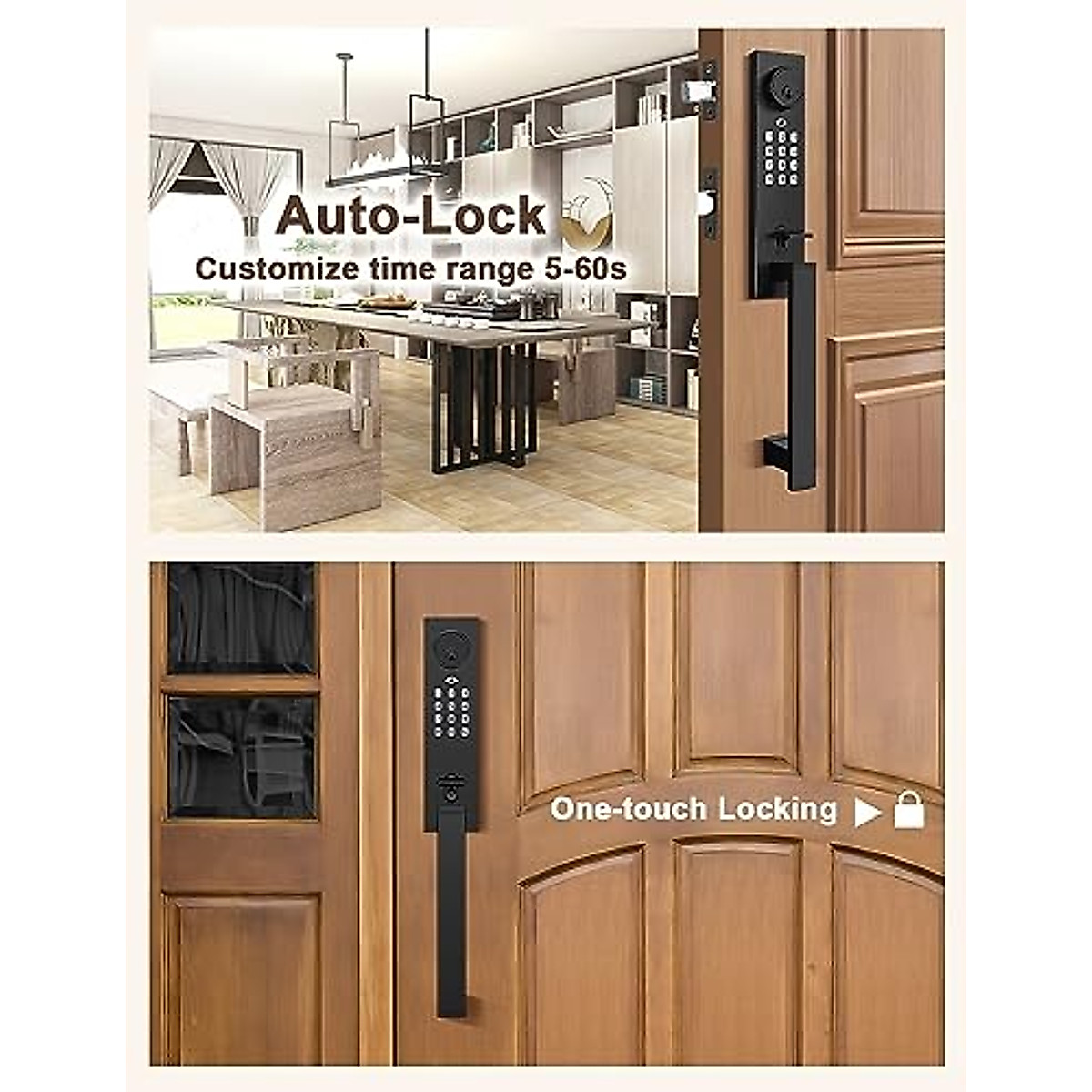 Tinewa Smart Entry Door Lock Set, Electronic Full Escutcheon Door Handle, Digital Keypad Deadbolt with App, Heavy Duty Black Front Door Handle with Single Cylinder Deadbolt, Auto Locking