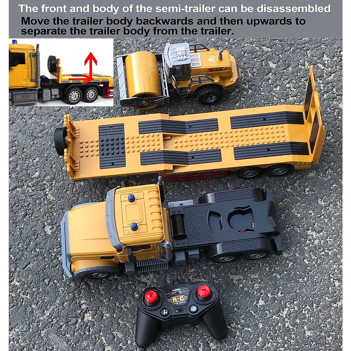 Remote Control Semi Truck Toy For Kids - 1:24 RC Semi-trailer Engineering Tractor With Sound And Lights, Trailer Truck Toy With Inertia Roller, Construction Vehicles For Boys & Girls 3-8 Years Old
