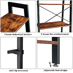 YMYNY Industrial Ladder Shelves, 4-Tier Bookcase and Bookshelf, Storage Rack with Metal Frame, Standing Organizer Shelf for Bathroom,Living Room,Office, 23.6 x14 x58.5 inch,Rustic Brown,HD-UHTMJ014H