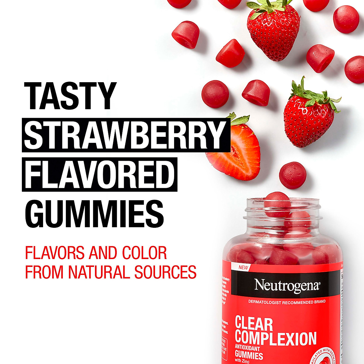 Neutrogena Clear Complexion Antioxidant Gummies with Zinc, Daily Skincare Supplement with Vitamin A, Vitamin C & Vitamin E for Clear, Healthy Skin + Probiotics, Strawberry Flavor, 60 ct
