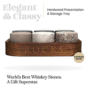 Whiskey Chilling Stones - Set of 6 Handcrafted Premium Granite Round Sipping Rocks - Hardwood Presentation & Storage Tray by R.O.C.K.S.