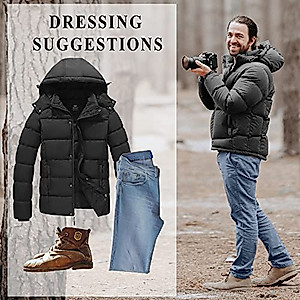 GGleaf Men's Puffer Jacket Down Winter Coat Insulated and Water-Resistant with Hood Removable Black Medium