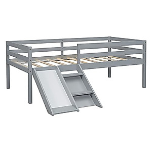 Twin Loft Bed with Slide, Twin Kids Loft Bed with Slide & Ladder, Wood Low Loft Bed Frame with Safety Guardrails, Sturdy Slat Support, Twin Kid Bed Low Loft Bed for Kid, Boys Girls, Grey