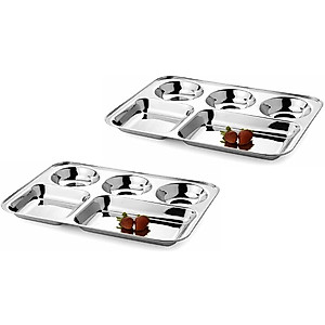 WhopperIndia Stainless Steel Five Compartment Round Plate, Thali, Mess Tray, Dinner Plate Set of 6 pcs- 13 inch, Silver