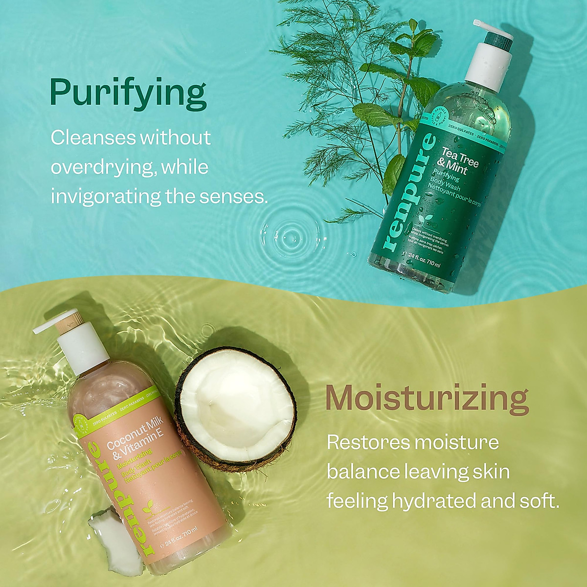 Renpure LLC Tea Tree Mint Oil & Coconut Vitamin E, Sulfate Free Moisturizing Body Wash For Dry Sensitive Skin, Antibacterial Body & Hand Soap For Men Women Kids & Toddlers, White, 24 Oz