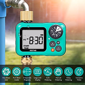 RESTMO Sprinkler Timer with Brass Inlet & Outlet, 3 Separate Programs Hose Timer, Programmable Water Timer for Garden Hose, Manual | Rain Delay | Automatic Watering System for Drip Irrigation and Lawn