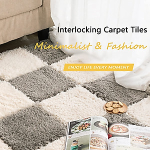 16Pcs Interlocking Foam Carpet,Shaggy Soft Foam Play Mat,Fluffy Area Rugs,Square Plush Puzzle Floor Tiles,Crawling Mats for Living Room Bedroom,12X12inch,Grey