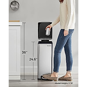 SONGMICS Slim Trash Can, 12.7 Gallon Garbage Can for Narrow Spaces with Soft-Close Lid, Inner Bucket, and Step-on Pedal, Stainless Steel, 15 Trash Bags Included, Silver ULTB510E48