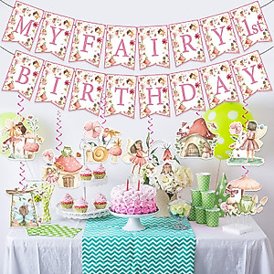 NO-DIY My Fairy First Birthday Decorations Banner Hanging Swirls, Fairy Birthday Decorations, Flower Fairy Themed Birthday Party Decorations Includes 1 Banner 16 Hanging Swirls for Girls Baby Shower