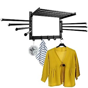 Laundry Clothes Drying Rack, Foldable Wall Mounted Drying Rack, Swivel Towel Rack with 5 Coat Hooks & 7 Swing Arms, Space Aluminum Drying Rack for Laundry Room Organization and Bathroom (Silver 7rods)