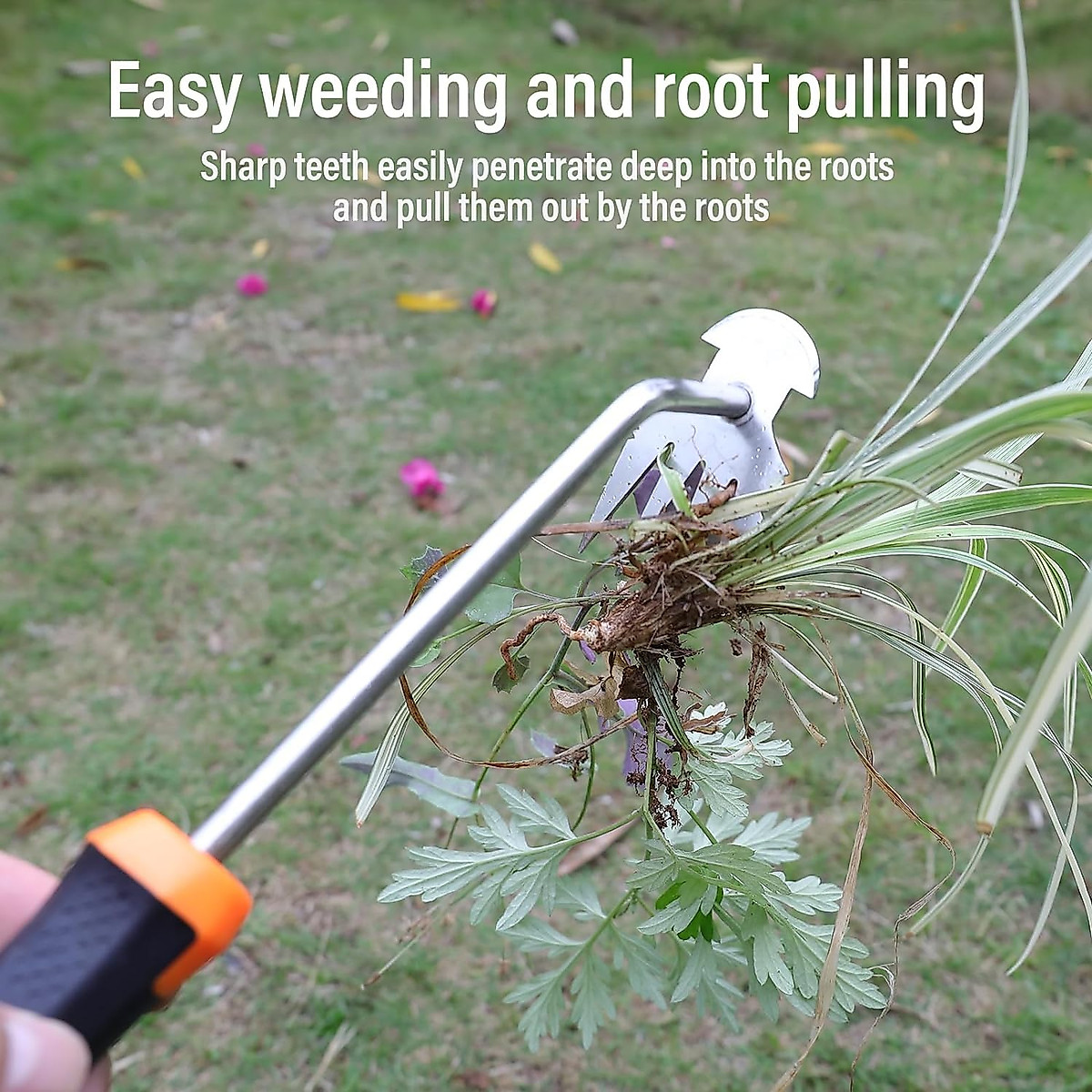 Weed Removal Tool, 2024 New Garden Weeding Tools Manganese Steel Hand Weeder Tool with Handle, 4 Teethes Dual Purpose Manual Weeders Tool Weed Pulling Tool for Garden (Rubber Handle)