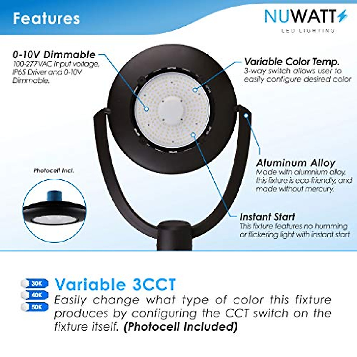 NUWATT LED Street Post Top Area Light Circle Pole Round Fixture, 4,550 Lumens Dusk to Dawn Photocell Fixture 35W (75/100W Equivalent) Outdoor Pathway Pole Light Yard Light Fixture UL/DLC Listed