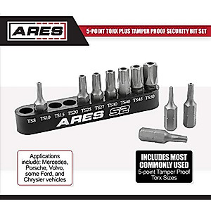 ARES 31004-10-Piece 5-Point Torx Plus Tamper Proof Security Bit Set - 25mm Length S2 Steel Precision Machined Security Bits - Storage Rail Included