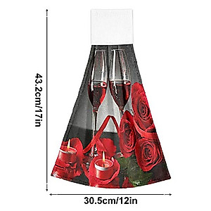 Red Wine in Glasses Red Rose Candle 2 Pcs Hanging Kitchen Hand Towels, Hanging Tie Towels with Hook & Loop Washcloth Dishcloths Sets Decorative Absorbent Tea Bar Bath Hand Towel