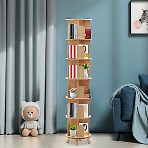 Rotating Bookshelf, 6 Tier 360° Freestanding Display Bookcase, Revolving Solid Hardwood Bookcase, Stackable Bookshelf Organizer for Office Home Living Room Study, 18.1Inches