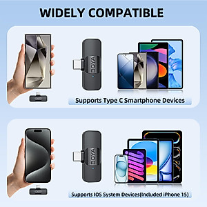 BOYA Wireless Lavalier Microphone for Android USB C Smartphone Tablet External Noise Canceling Mini Lapel Type C Microphone for iPhone 15 Clip-On Mic for Video Recording Podcast YouTube Live Streaming