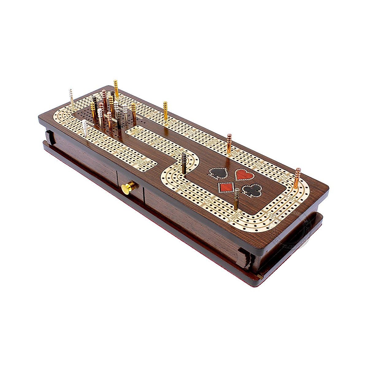 House of Cribbage - Continuous Cribbage Board/Box Inlaid in Wenge Wood/Maple : 4 Track - Cards & Pegs Storage Drawer with Score Marking Fields for Skunks, Corners and Won Games