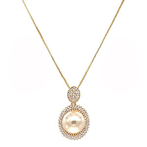 Lavencious Oval Dangle Jewelry Set Cream Color Pearl Necklace & Earrings Trendy AAA Cubic Zirconia Gold Plated For Women (Gold)