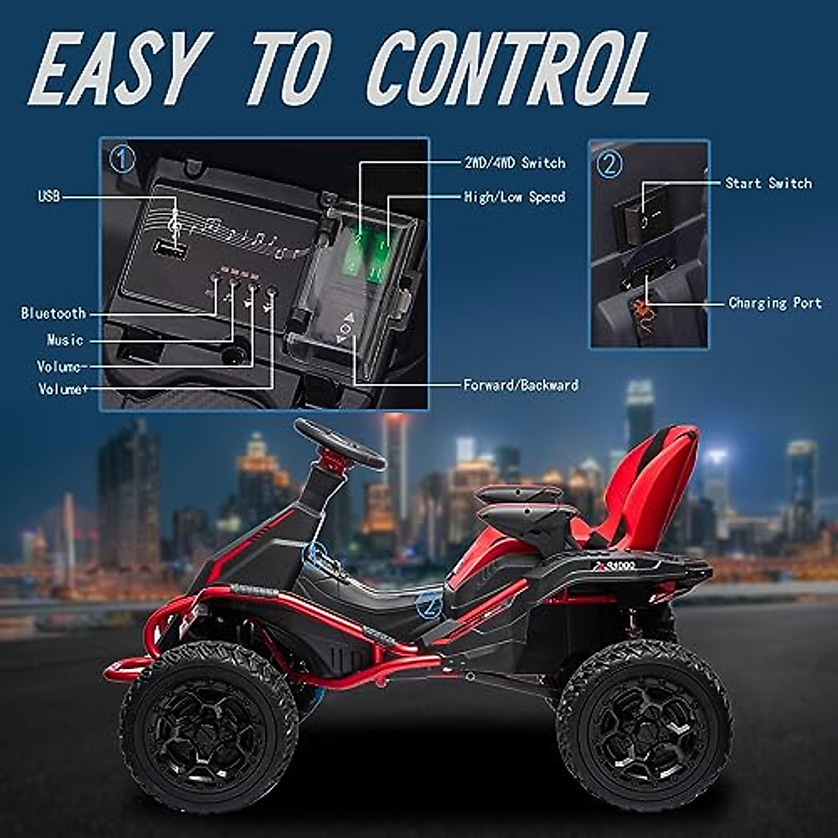 AOKOY 24V 4x75W Kids Ride On Car, 4WD Battery Powered Electric Go Kart for Big Kids w/Powerful Motors Off-Road Ride On UTV with Parent Remote EVA Tires Adjustable Seat Bluetooth, Red