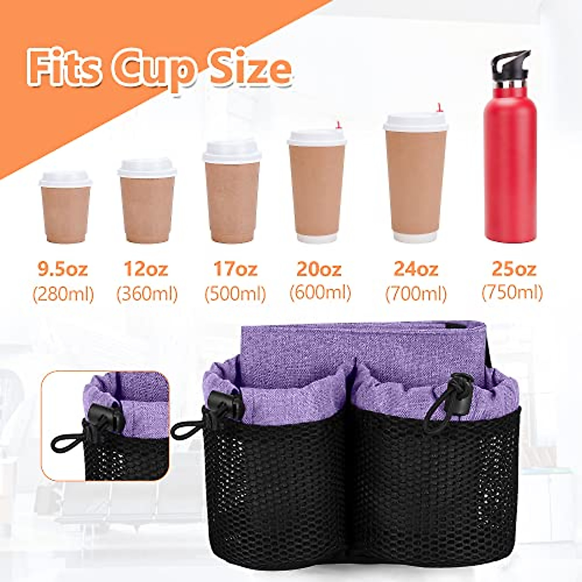 LoDrid Luggage Cup Holder, Hands-Free Drink Holder with 2 Coffee Mugs Tightening Drawstring, Fits Most Suitcase Handles, Luggage Cup Holder Attachment, for Flight Attendant & Travelers, Purple